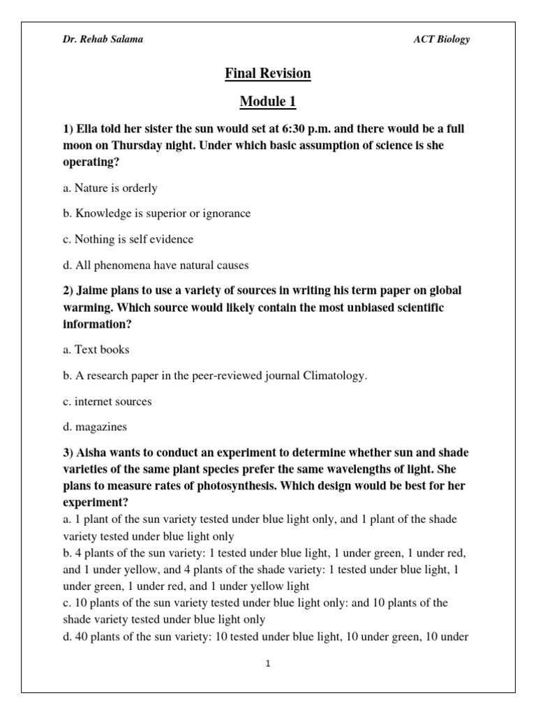 ACT Biology Final Revision Guide | PDF | Cell Membrane | Cell (Biology)