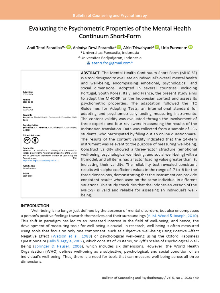 Evaluating The Psychometric Properties of The Ment | PDF ...