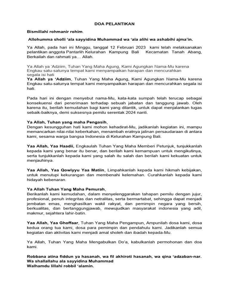 DOA PELANTIKAN Pantarlih | PDF