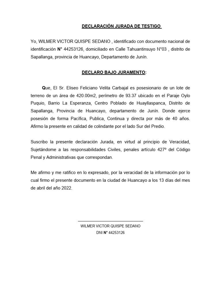 FORMATO Declaracion Jurada de Testigo | PDF FORMATO Declaracion Jurada de Testigo | PDF