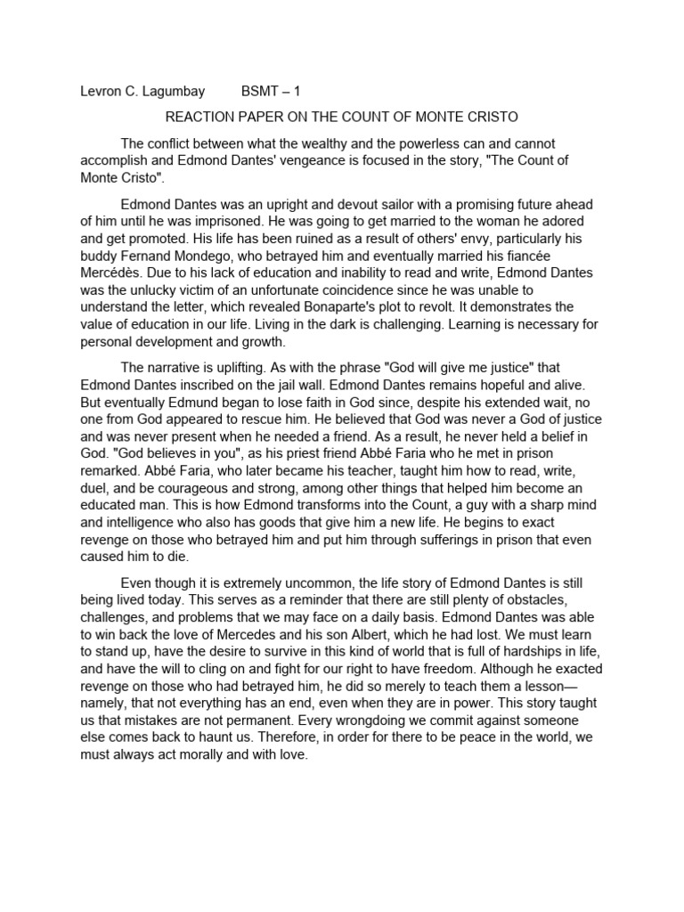 Reaction Paper On The Count of Monte Cristo - LAGUMBAY | PDF | Edmond Dantès