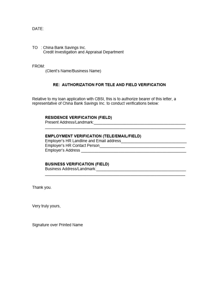 Authorization For Field and Tele Verification | PDF