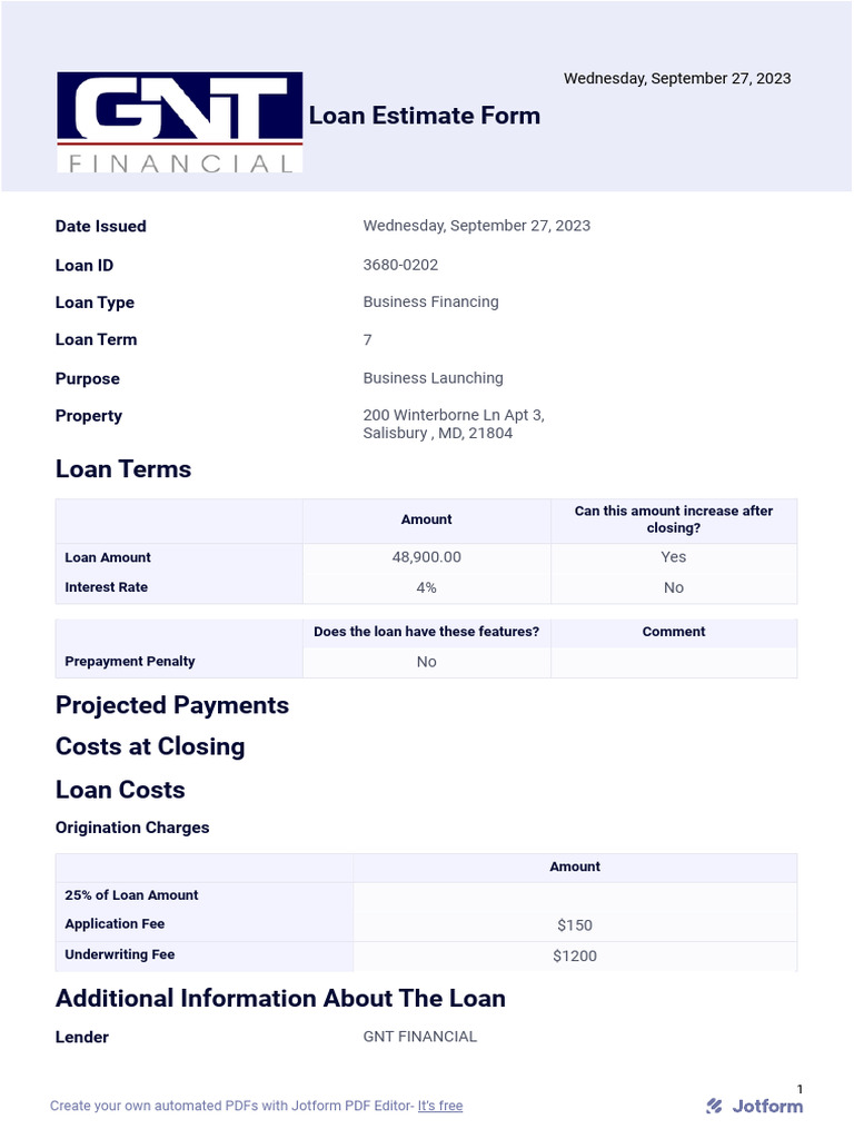 Loan Estimate Form: Date Issued Loan ID Loan Type Loan Term Purpose ...