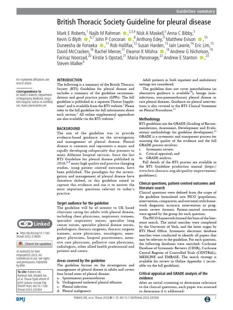 BTS Guideline For Pleural Disease Summary of Guideline | PDF ...