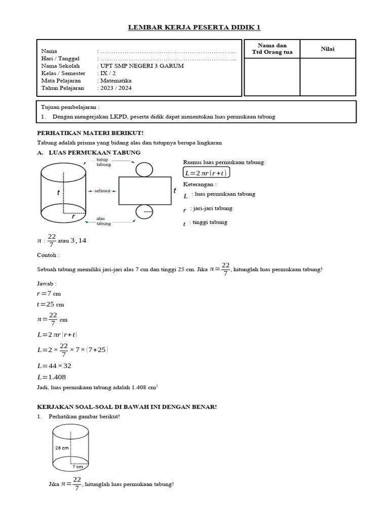 LKPD 1 KLS 9 Luas Permukaan Tabung | PDF | Seni