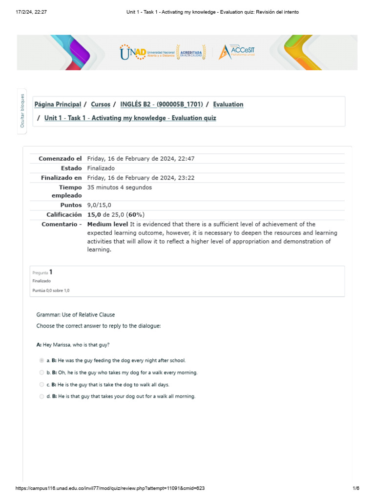 Unit 1 - Task 1 - Activating My Knowledge - Evaluation Quiz - Revisión Del Intento | PDF ...