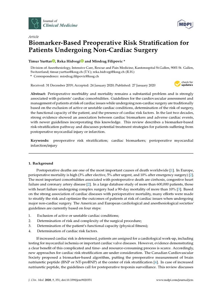 Biomarker Based Preoperative Risk Stratification For Patients