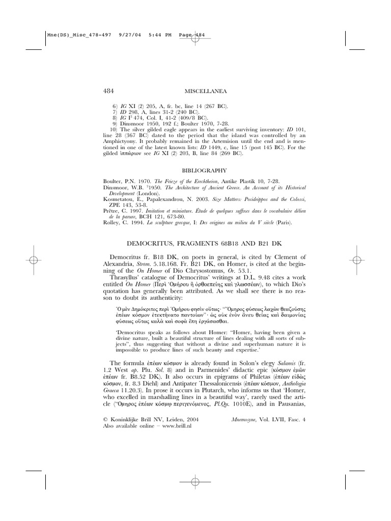 Democritus on Homer and Poetry | PDF | Classics