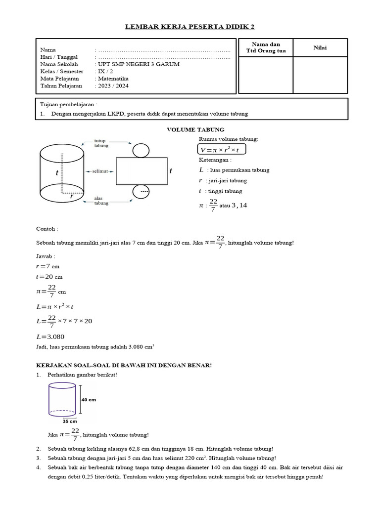Volume Tabung untuk Kelas 9 | PDF