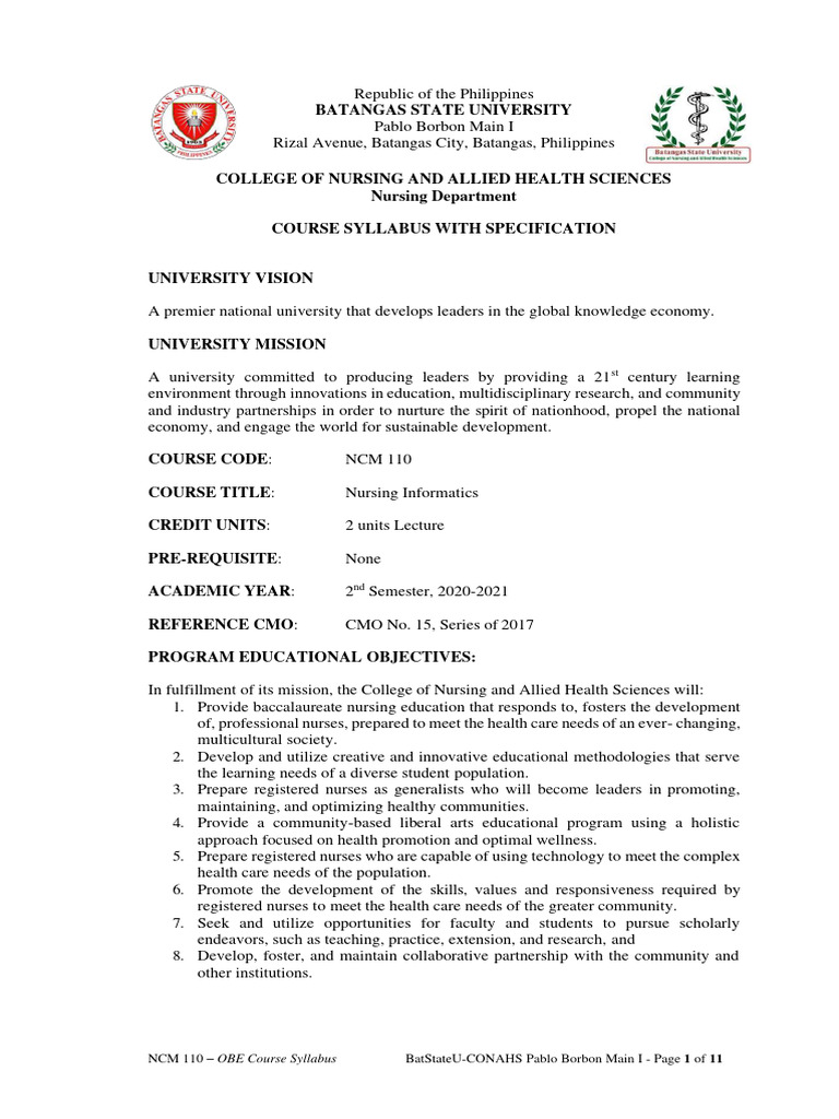 Ncm110 Ni Syllabus Pdf Nursing Health Informatics