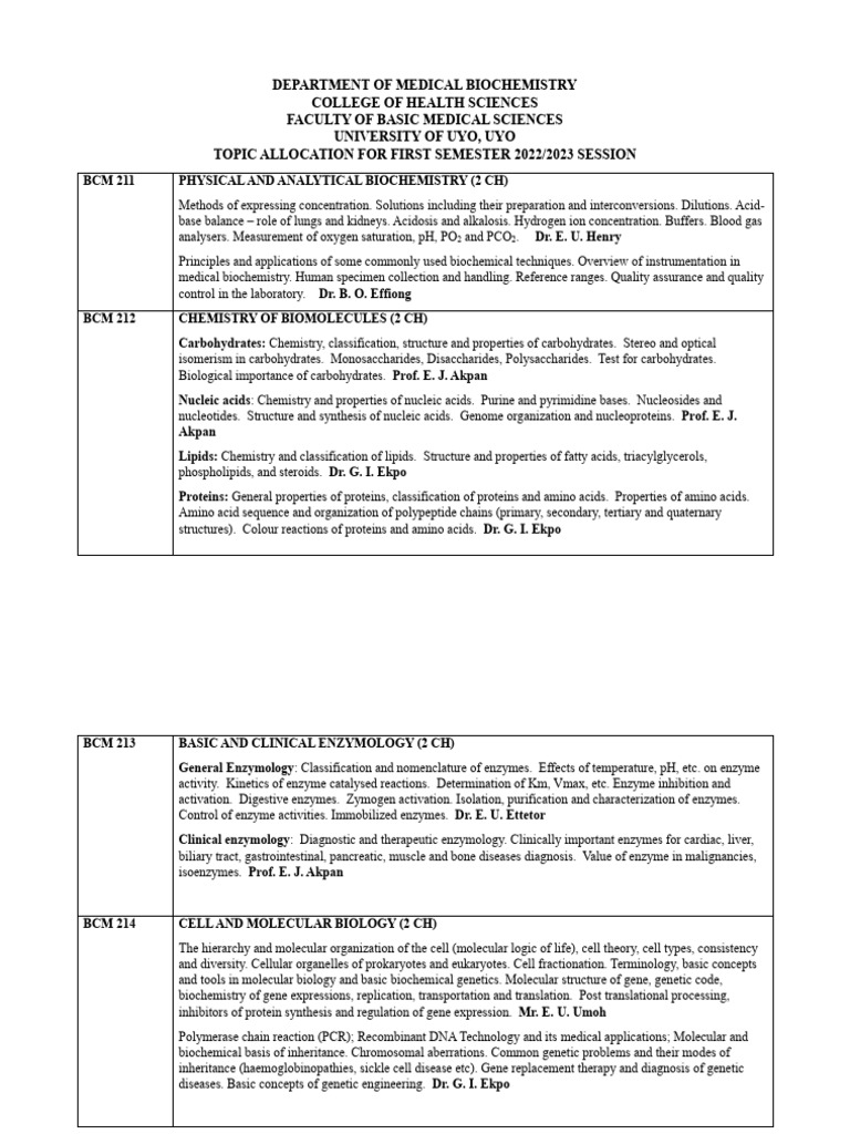 Topic Allocation 2022 - 2023 | PDF | Biochemistry | Chemistry