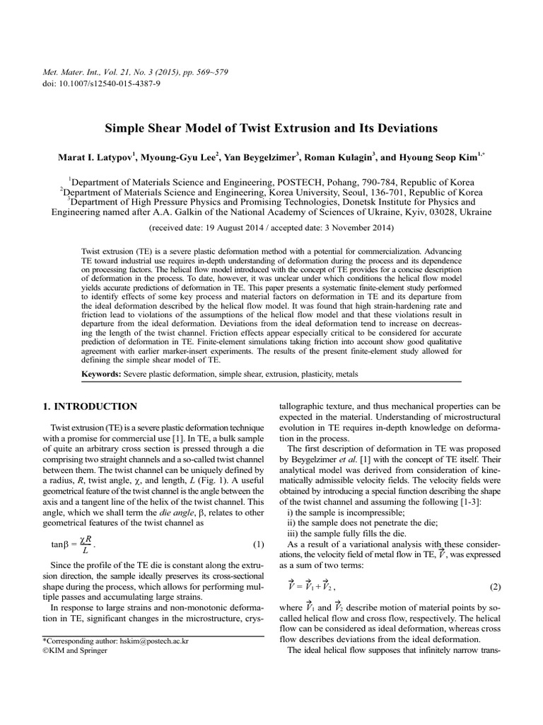 Simple Shear Model of Twist Extrusion and Its Deviations | PDF ...