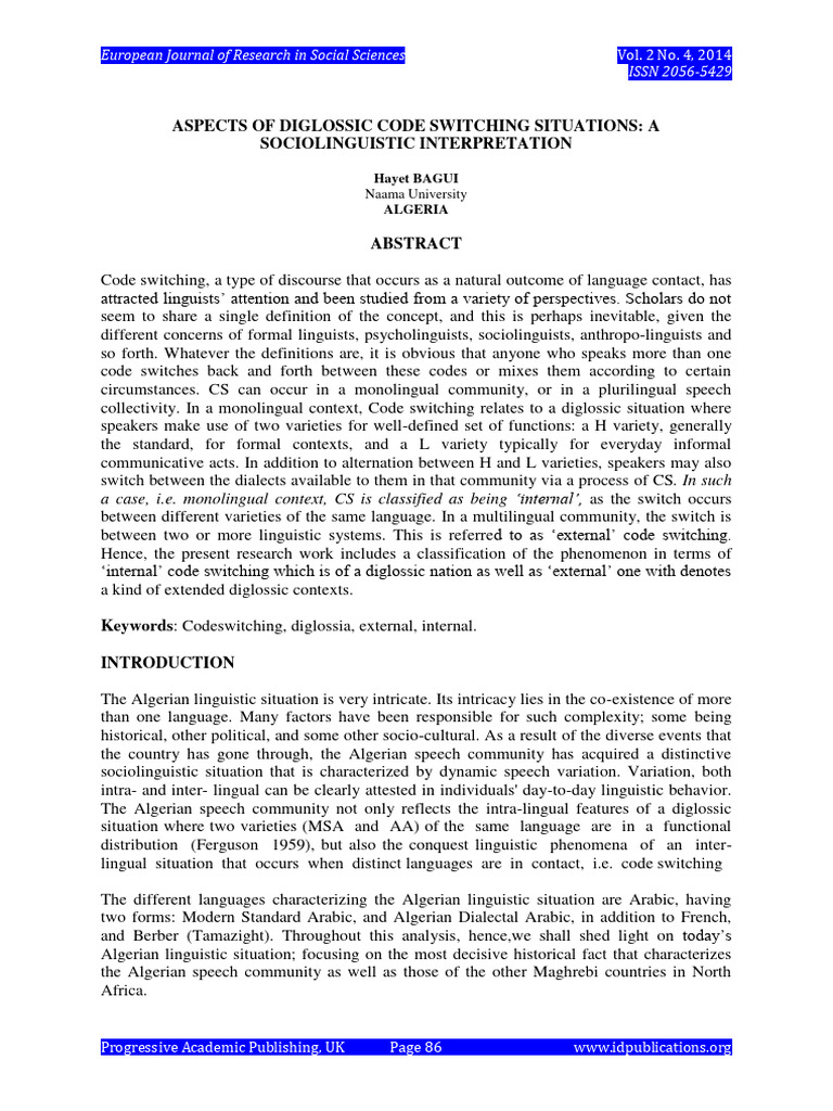 Aspects of Diglossic Code Switching Situations A Sociolinguistic ...