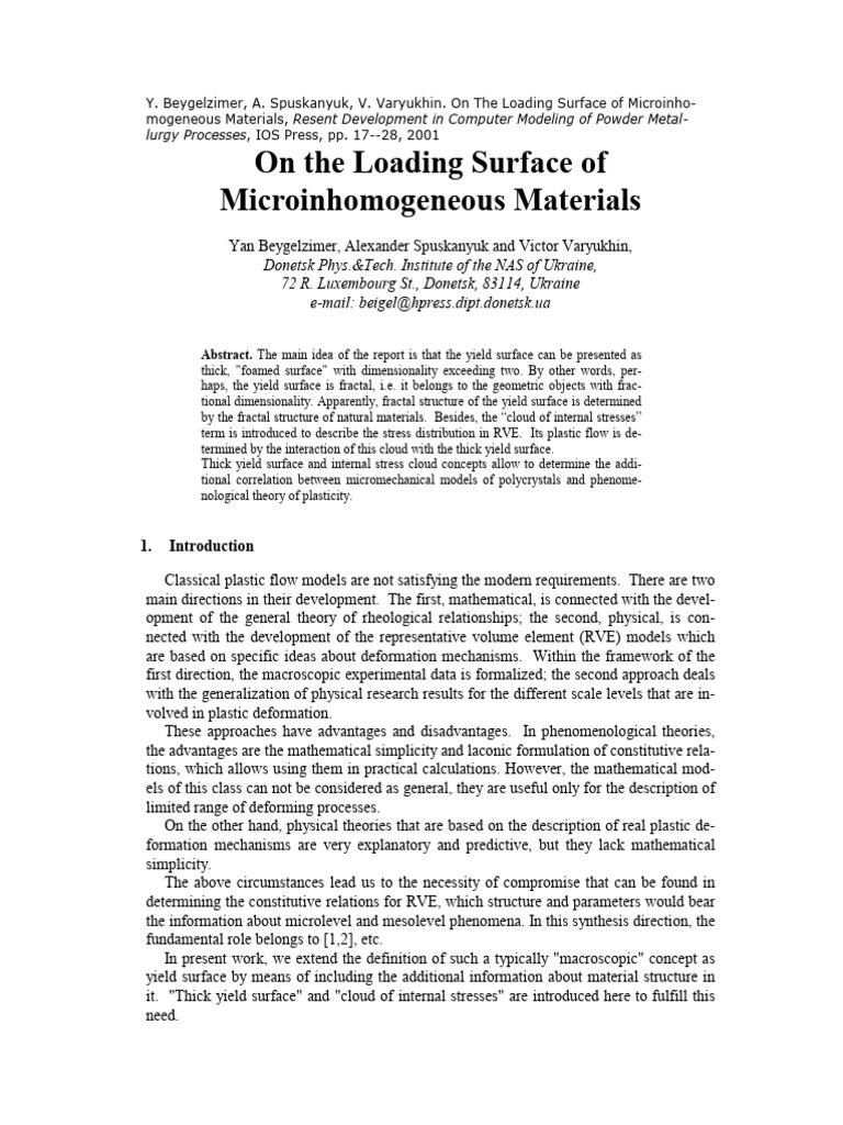 Beygelzimer2001 On The Loading Surface of Micro-Inhomogeneous Materials ... Beygelzimer2001 On The Loading Surface of Micro-Inhomogeneous Materials ...