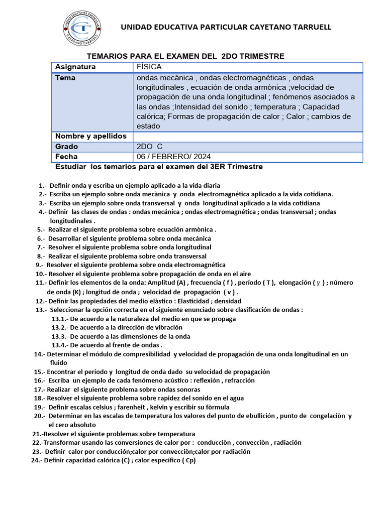 Temarios de Examen Física 2do C Bgu 3er Trim 2023 | PDF | Olas | Longitud de onda