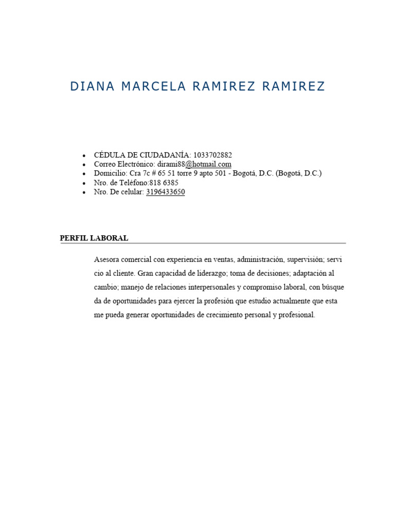 Hoja de Vida Diana Ramirez | PDF | Bogotá | Sicología