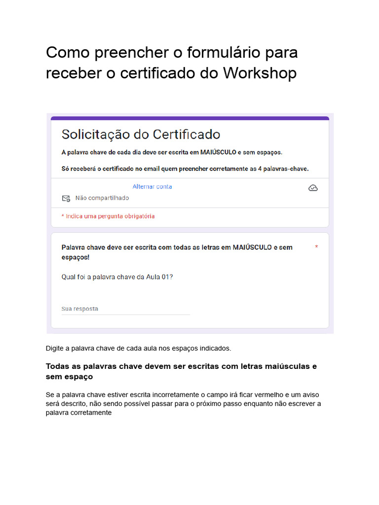 Como Preencher o Formulário para Receber o Certificado Do Workshop-3 | PDF