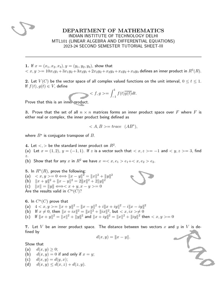 MTL101-Tutorial Sheet 3 | PDF | Linear Subspace | Basis (Linear Algebra)