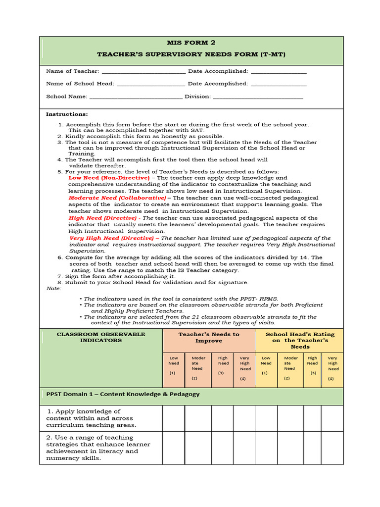 MIS FORM 2 Teachers Supervisory Needs Form 1 | PDF | Learning | Teachers