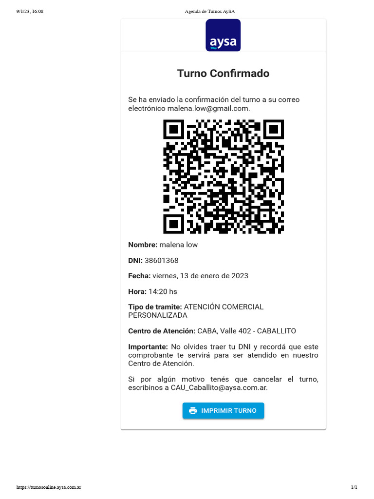 Agenda de Turnos AySA | PDF