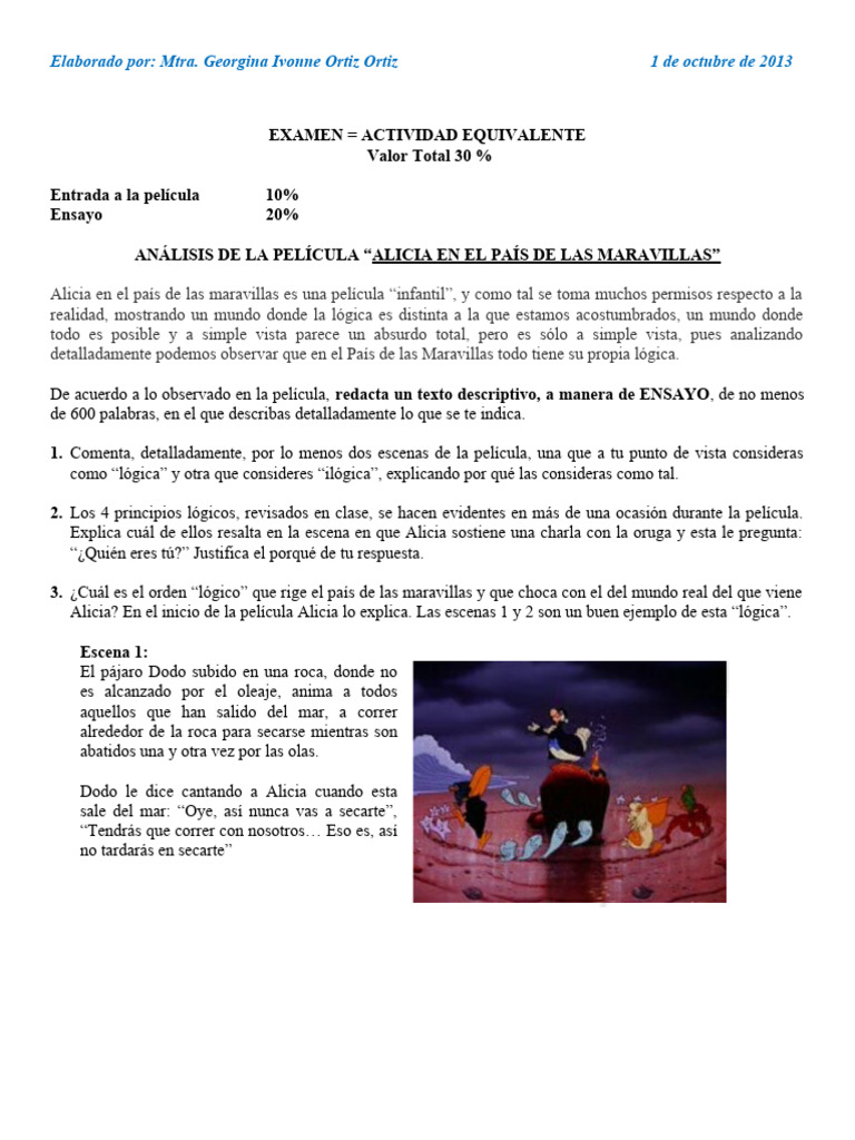 Alicia en El País de Las Maravillas (Examen Actividad Equivalente ...