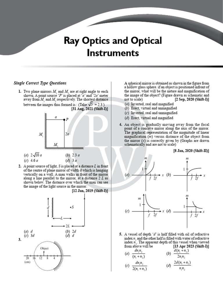 Ray Optics and Optical Instruments - PYQ Practice Sheet (Physics) | PDF | Refraction | Physical ...