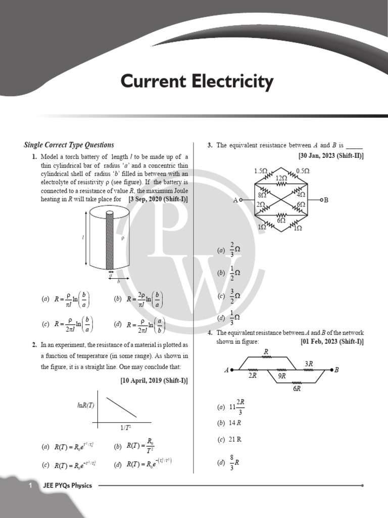 Current Electricity - PYQ Practice Sheet (Physics) | PDF | Electrical ...