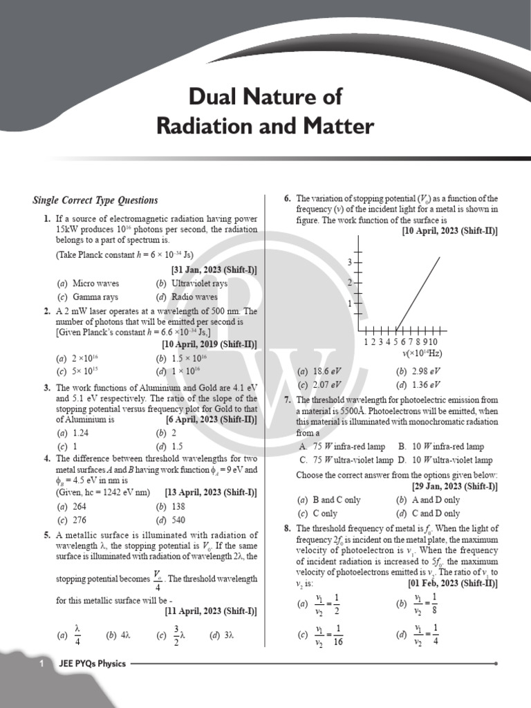 Dual Nature of Radiation and Matter - PYQ Practice Sheet (Physics) | PDF | Electronvolt ...