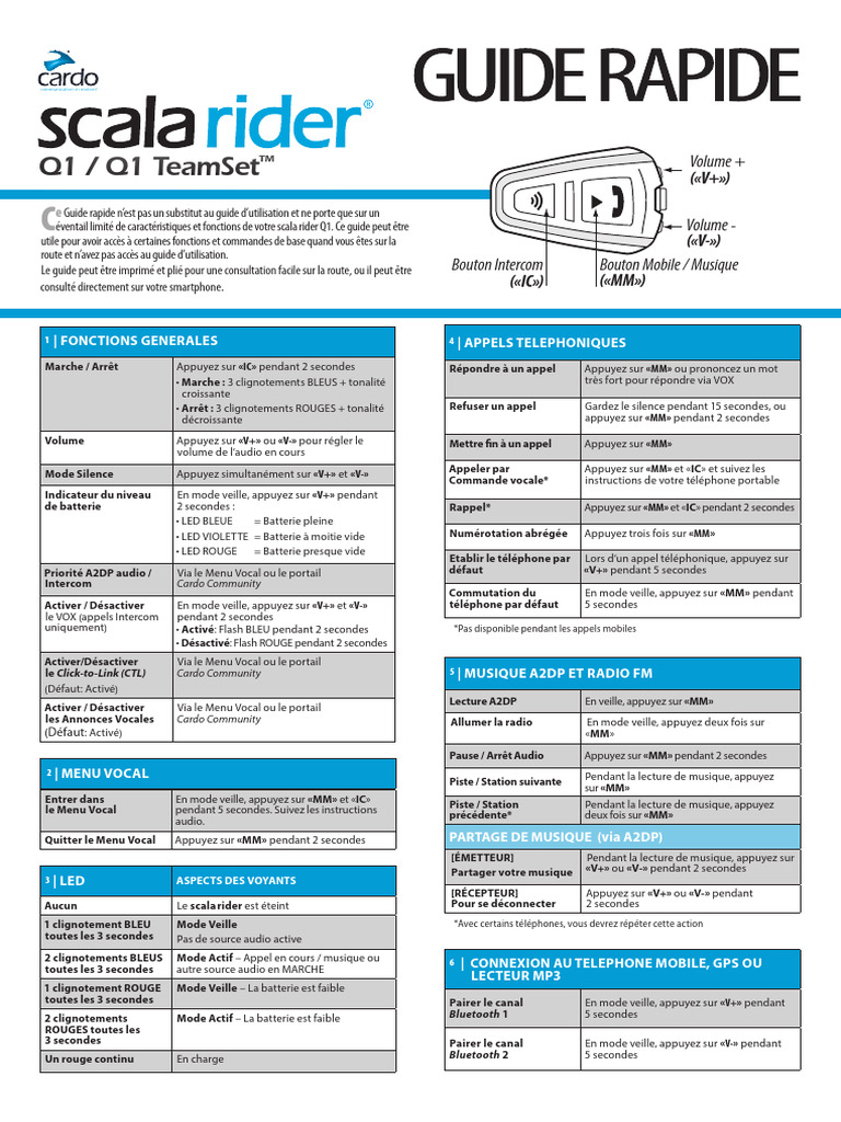 Cardo ScalaRider Q1 - Guide Rapide | PDF | Bluetooth | Électronique
