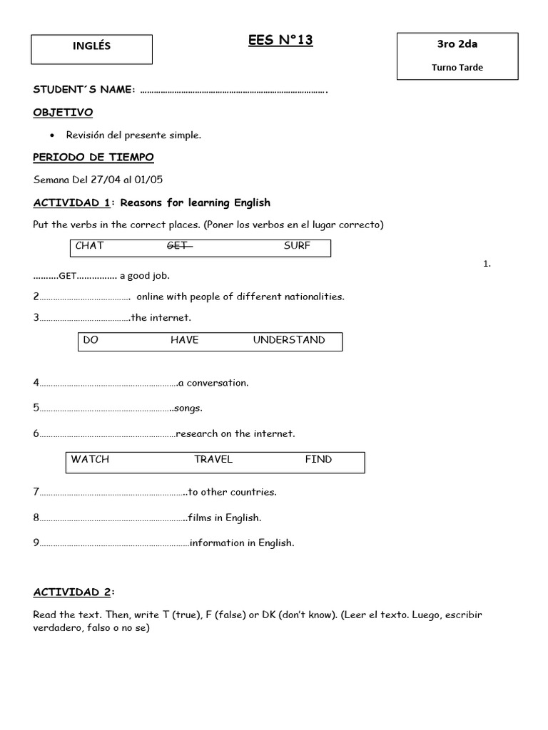 Actividad Ingles 3ro Ees 13 4 Pdf English Language First Language