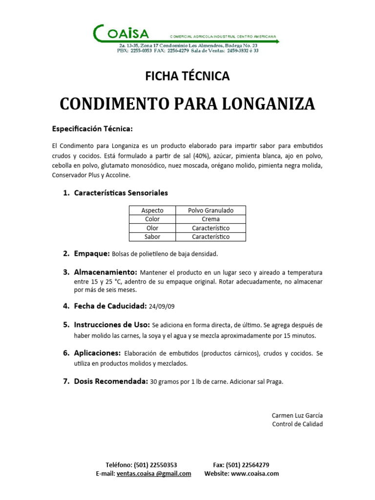 Condimento Específico para Longaniza | PDF