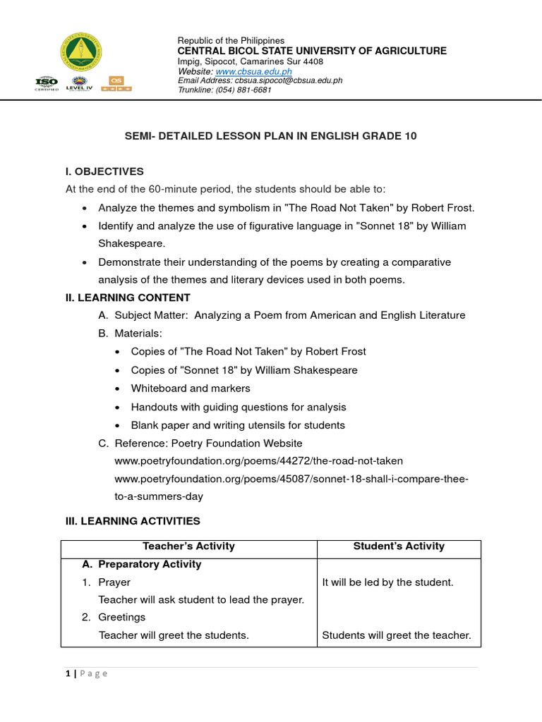 Grade 10 Poetry Lesson Plan | PDF | Poetry | Sonnets