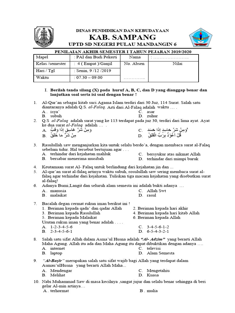sd6 SOAL PAS Agama KELAS 4 2021 | PDF