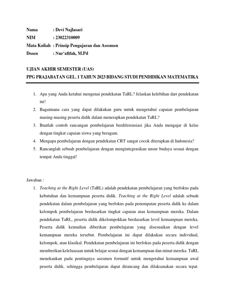 UAS-Prinsip Pengajaran Dan Asesmen I - Devi Najlasari | PDF