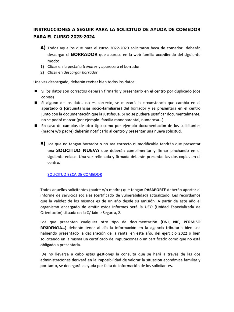 Solicitud Ayuda Comedor 2023-2024 | PDF