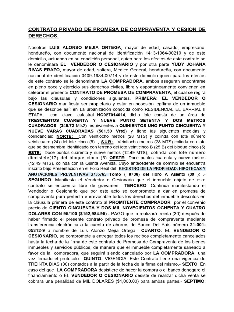 Contrato Privado de Promesa de Compraventa Luis Alonso Mejia Ortega ...