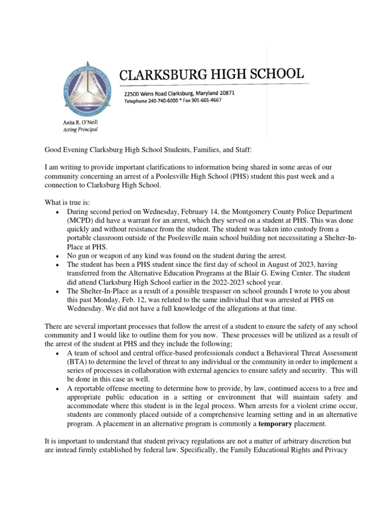 Poolesville High School Community Letter 2.17.24 | PDF | Privacy | Arrest