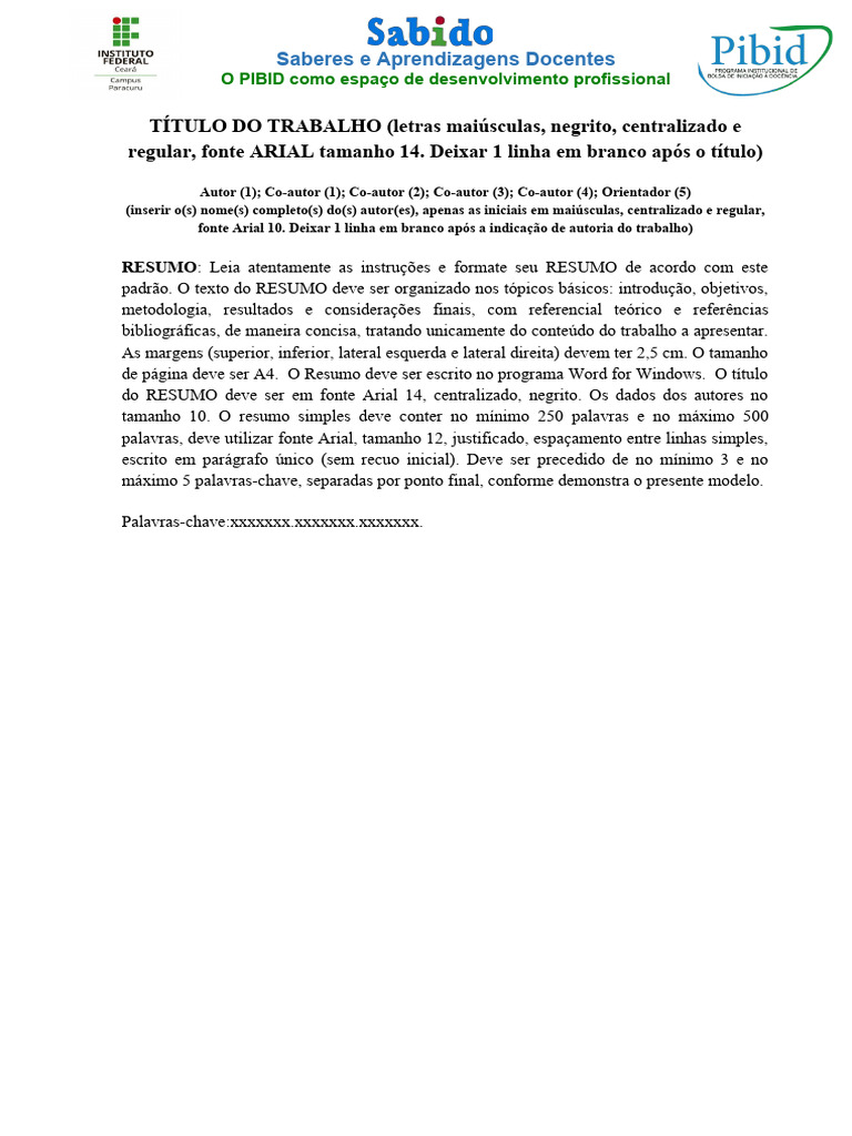 Template Resumo Simples Pibid 2024 | PDF