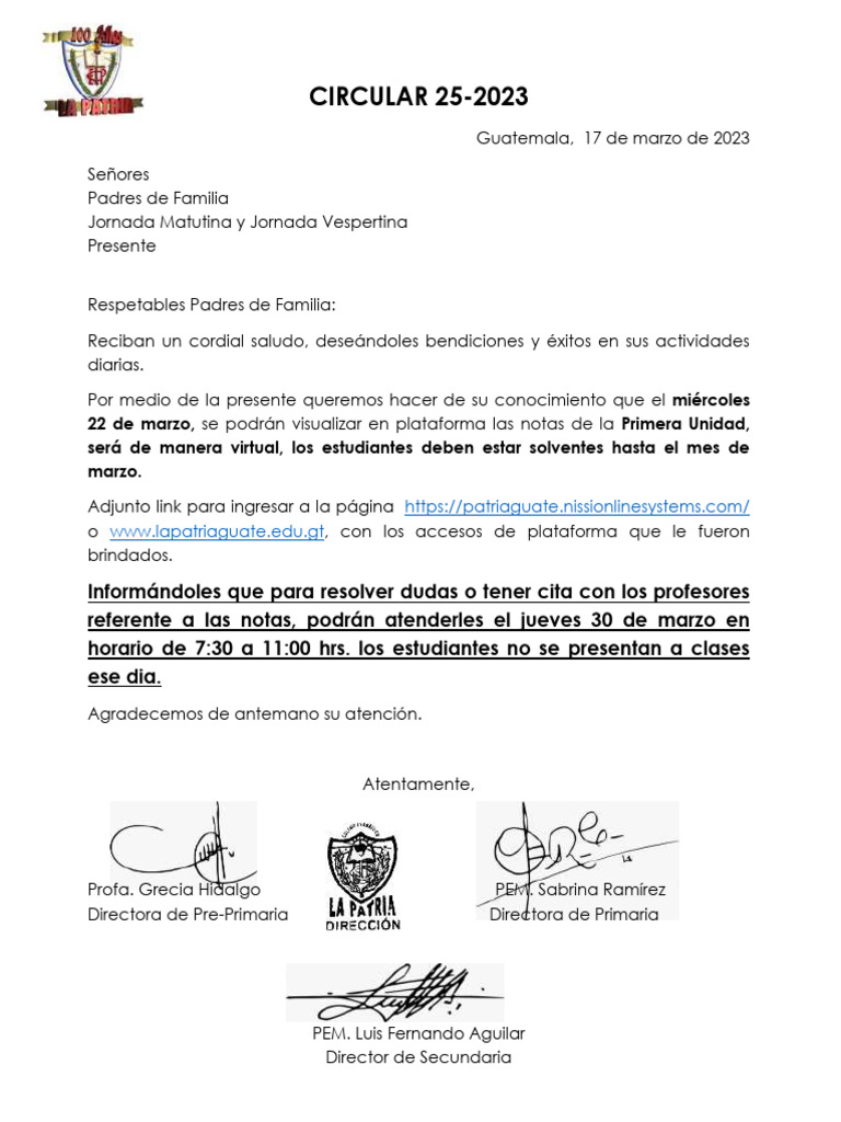 Circular 25-2022 Entrega de Notas Unidad I | PDF