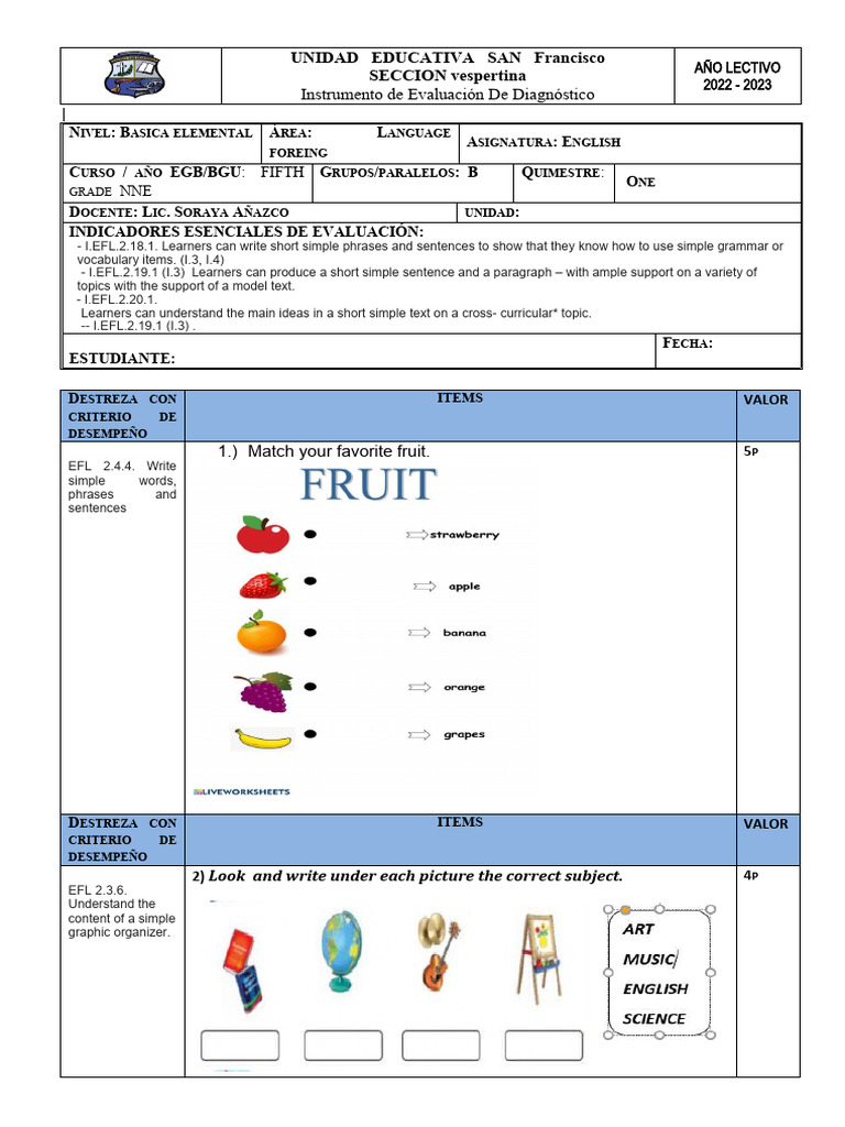 Diagnostica Fifth Grade Nne 2022 - 2023 Nueva | PDF
