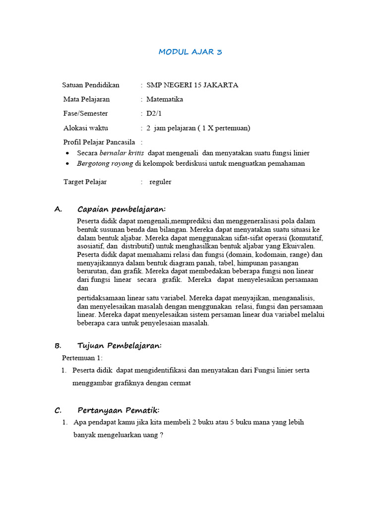 Contoh Modul Ajar Fungsi Linier | PDF | Karier & Perkembangan