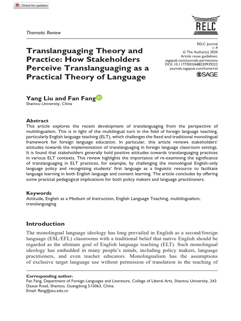 Yang Liu Translanguaging Theory and Practice How | PDF | Multilingualism | English As A Second ...