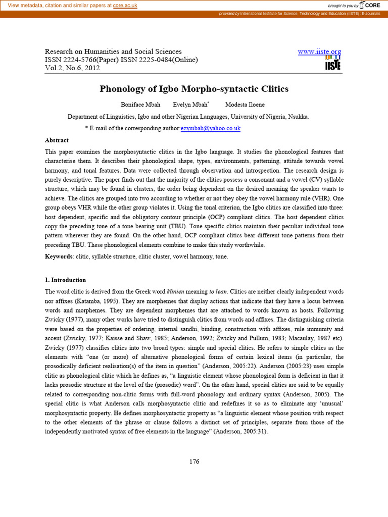 Phonology of Igbo Morpho-Syntactic Clitics | PDF | Phonology | Word