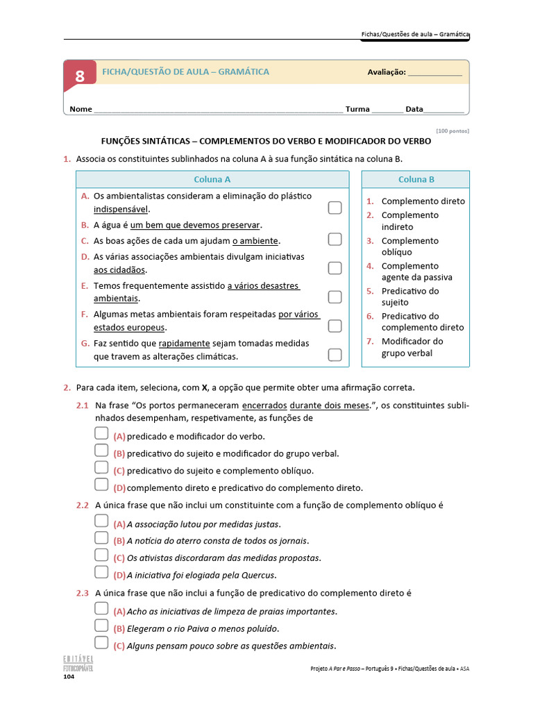 APP9 DP (QA-G 8 Funcoes Sintaticas) | PDF | Assunto (gramática) | Linguística