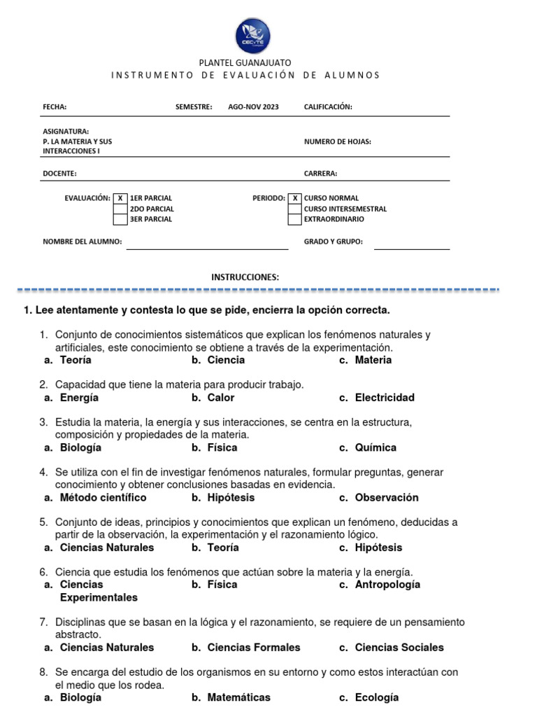 1er Examen Parcial - La Materia y Sus Interacciones | PDF | Science ...