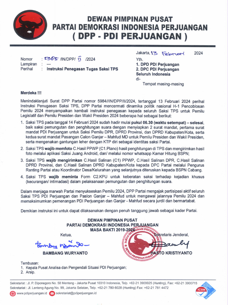 SURAT DPP NO. 5985 PERIHAL INSTRUKSI PENEGASAN TUGAS SAKSI TPS Yth. DPD DAN DPC SELURUH ...