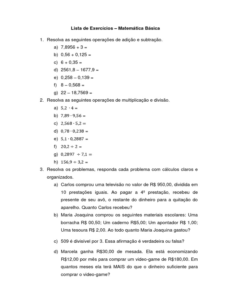 Lista de Exercícios - Matemática Básica | PDF