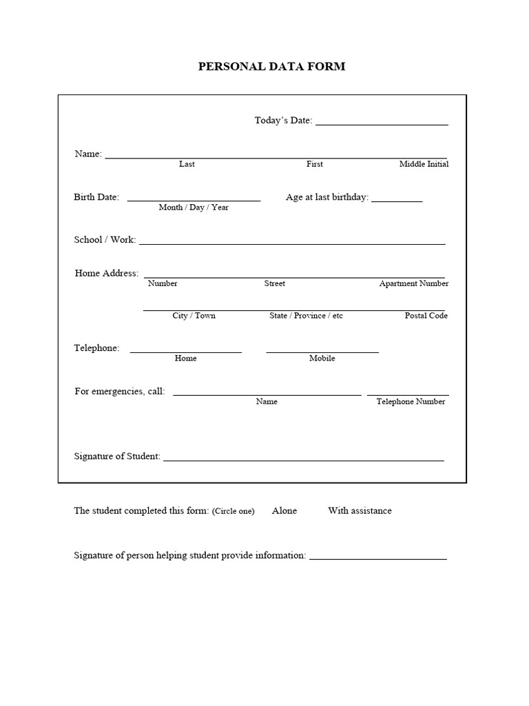 Personal Data Form | PDF | Literacy | English Language
