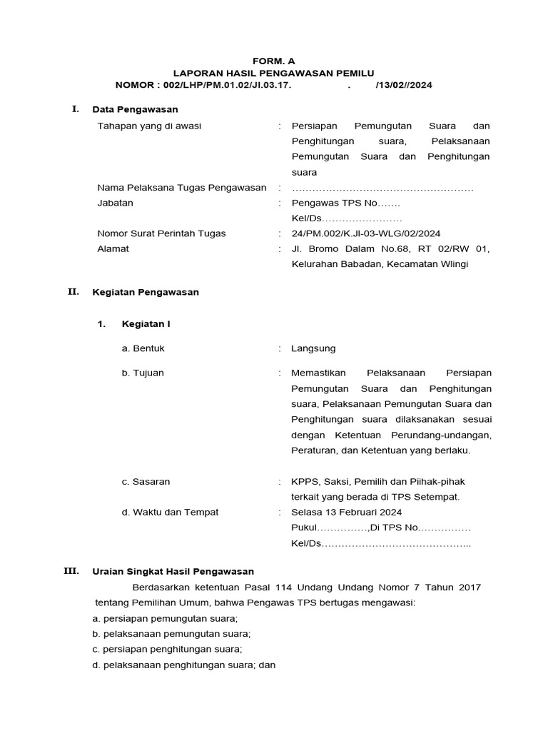 Template From A - Persiapan Pemungutan (Pendirian TPS) | PDF