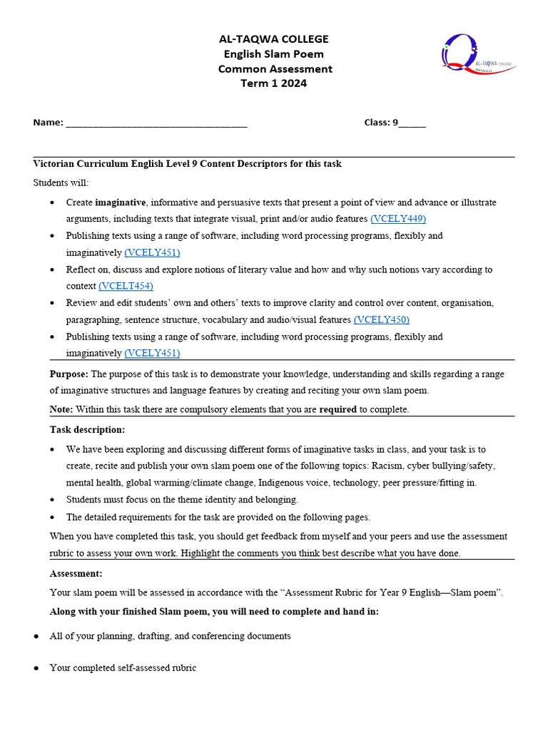 Year 9 Slam Poem Common Assessment 1 Term 1 | PDF | Poetry | Cognitive ...